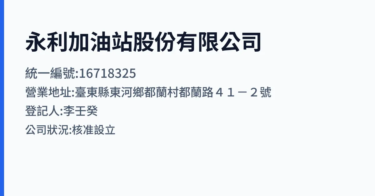 永利加油站股份有限公司 - 統編 16718325(臺東縣) 公司登記資料與營業項目詳細圖表