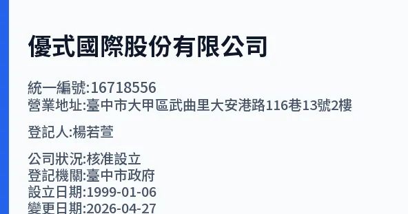 優式國際股份有限公司的照片-統編 16718556(臺中市) 公司登記資料與營業項目詳細圖表