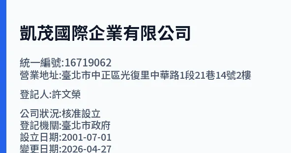 凱茂國際企業有限公司的照片-統編 16719062(臺北市) 公司登記資料與營業項目詳細圖表