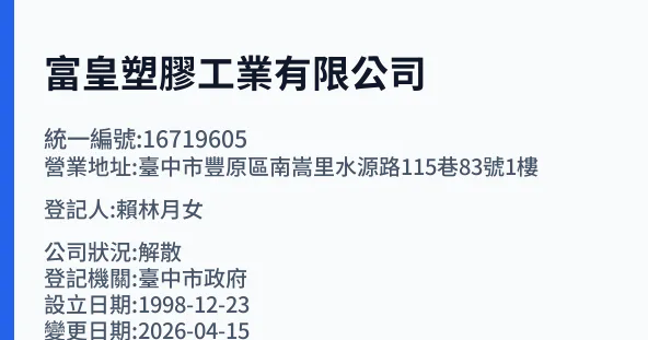 富皇塑膠工業有限公司的照片-統編 16719605(臺中市) 公司登記資料與營業項目詳細圖表