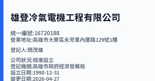 雄登冷氣電機工程有限公司的照片-統編 16720188(高雄市) 公司登記資料與營業項目詳細圖表