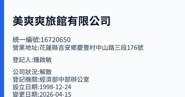 美爽爽旅館有限公司的照片-統編 16720650(花蓮縣) 公司登記資料與營業項目詳細圖表