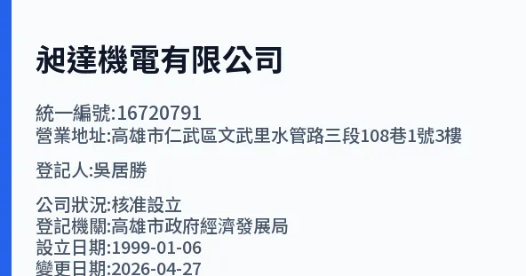 昶達機電有限公司的照片-統編 16720791(高雄市) 公司登記資料與營業項目詳細圖表