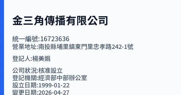 金三角傳播有限公司的照片-統編 16723636(南投縣) 公司登記資料與營業項目詳細圖表