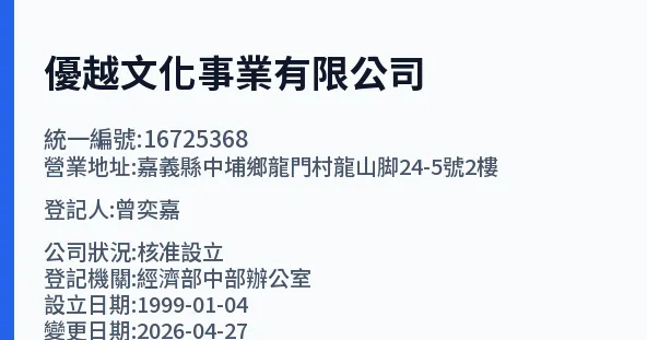 優越文化事業有限公司的照片-統編 16725368(嘉義縣) 公司登記資料與營業項目詳細圖表