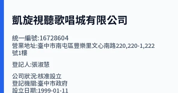 凱旋視聽歌唱城有限公司的照片-統編 16728604(臺中市) 公司登記資料與營業項目詳細圖表