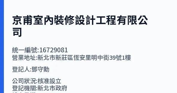 京甫室內裝修設計工程有限公司的照片-統編 16729081(新北市) 公司登記資料與營業項目詳細圖表