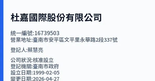 杜嘉國際股份有限公司的照片-統編 16739503(臺南市) 公司登記資料與營業項目詳細圖表