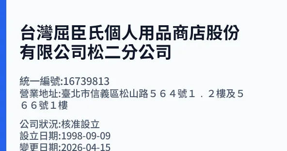 台灣屈臣氏個人用品商店股份有限公司松二分公司的照片-統編 16739813(臺北市) 公司登記資料與營業項目詳細圖表