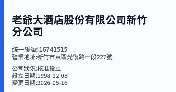 老爺大酒店股份有限公司新竹分公司的照片-統編 16741515(新竹市) 公司登記資料與營業項目詳細圖表