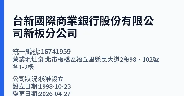 台新國際商業銀行股份有限公司新板分公司的照片-統編 16741959(新北市) 公司登記資料與營業項目詳細圖表