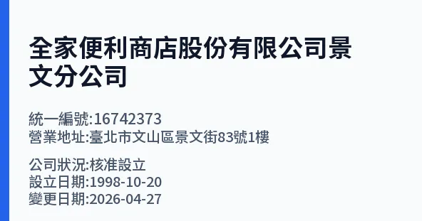 全家便利商店股份有限公司景文分公司的照片-統編 16742373(臺北市) 公司登記資料與營業項目詳細圖表