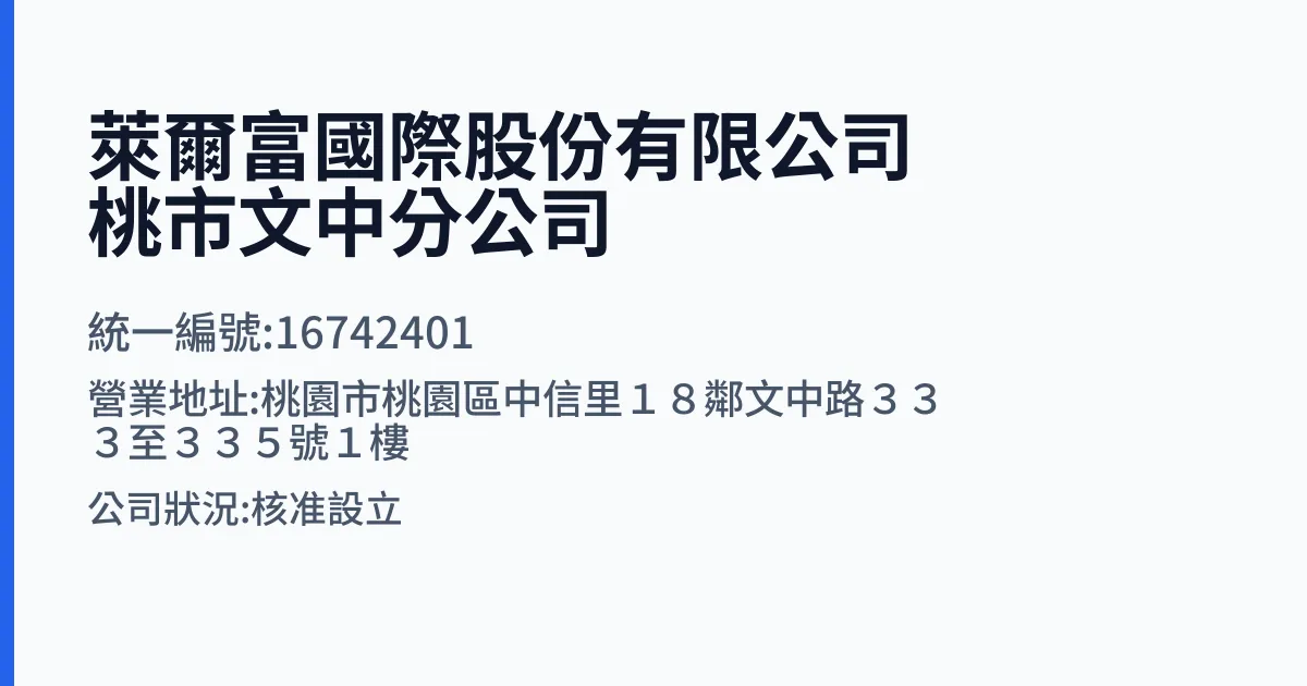 萊爾富國際股份有限公司桃市文中分公司 - 統編 16742401(桃園市) 公司登記資料與營業項目詳細圖表