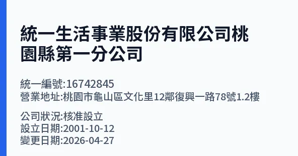 統一生活事業股份有限公司桃園縣第一分公司的照片-統編 16742845(桃園市) 公司登記資料與營業項目詳細圖表