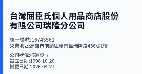 台灣屈臣氏個人用品商店股份有限公司瑞隆分公司的照片-統編 16743561(高雄市) 公司登記資料與營業項目詳細圖表