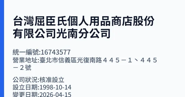 台灣屈臣氏個人用品商店股份有限公司光南分公司的照片-統編 16743577(臺北市) 公司登記資料與營業項目詳細圖表