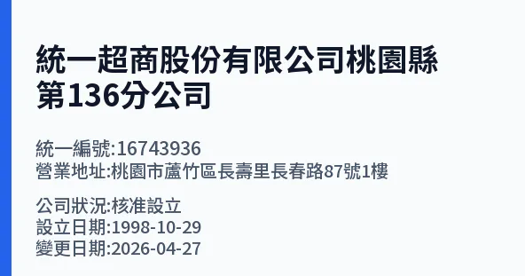 統一超商股份有限公司桃園縣第136分公司的照片-統編 16743936(桃園市) 公司登記資料與營業項目詳細圖表