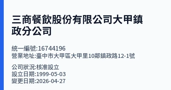 三商餐飲股份有限公司大甲鎮政分公司的照片-統編 16744196(臺中市) 公司登記資料與營業項目詳細圖表