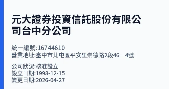 元大證券投資信託股份有限公司台中分公司的照片-統編 16744610(臺中市) 公司登記資料與營業項目詳細圖表
