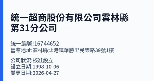 統一超商股份有限公司雲林縣第31分公司的照片-統編 16744652(雲林縣) 公司登記資料與營業項目詳細圖表