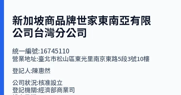 新加坡商品牌世家東南亞有限公司台灣分公司的照片-統編 16745110(臺北市) 公司登記資料與營業項目詳細圖表
