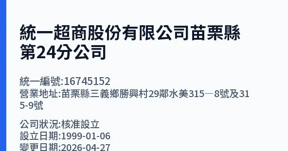 統一超商股份有限公司苗栗縣第24分公司的照片-統編 16745152(苗栗縣) 公司登記資料與營業項目詳細圖表