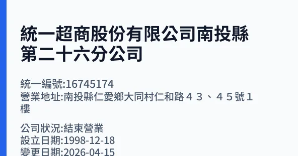 統一超商股份有限公司南投縣第二十六分公司的照片-統編 16745174(南投縣) 公司登記資料與營業項目詳細圖表