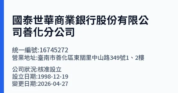國泰世華商業銀行股份有限公司善化分公司的照片-統編 16745272(臺南市) 公司登記資料與營業項目詳細圖表