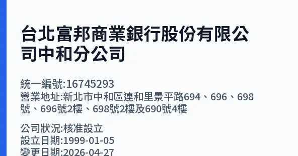 台北富邦商業銀行股份有限公司中和分公司的照片-統編 16745293(新北市) 公司登記資料與營業項目詳細圖表