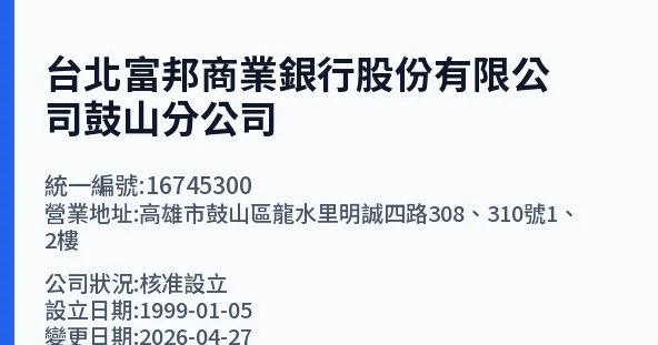 台北富邦商業銀行股份有限公司鼓山分公司的照片-統編 16745300(高雄市) 公司登記資料與營業項目詳細圖表
