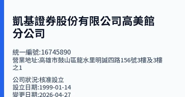 凱基證券股份有限公司高美館分公司的照片-統編 16745890(高雄市) 公司登記資料與營業項目詳細圖表
