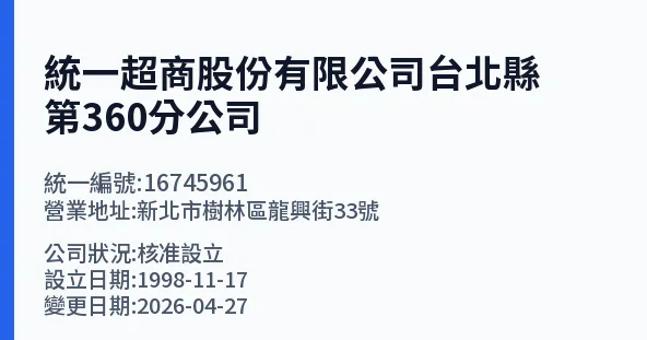 統一超商股份有限公司台北縣第360分公司的照片-統編 16745961(新北市) 公司登記資料與營業項目詳細圖表