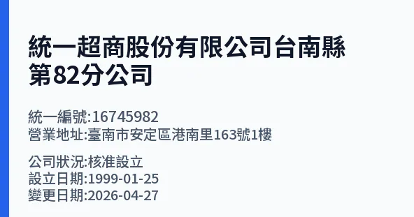 統一超商股份有限公司台南縣第82分公司的照片-統編 16745982(臺南市) 公司登記資料與營業項目詳細圖表