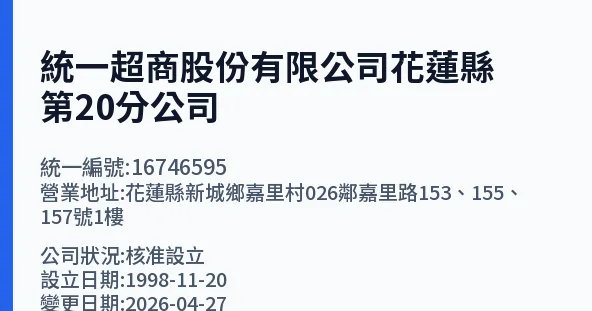 統一超商股份有限公司花蓮縣第20分公司的照片-統編 16746595(花蓮縣) 公司登記資料與營業項目詳細圖表