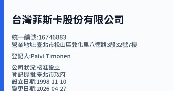台灣菲斯卡股份有限公司的照片-統編 16746883(臺北市) 公司登記資料與營業項目詳細圖表