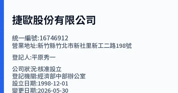捷歐股份有限公司的照片-統編 16746912(新竹縣) 公司登記資料與營業項目詳細圖表