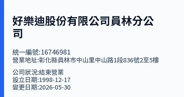 好樂迪股份有限公司員林分公司的照片-統編 16746981(彰化縣) 公司登記資料與營業項目詳細圖表