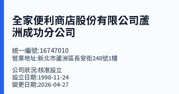 全家便利商店股份有限公司蘆洲成功分公司的照片-統編 16747010(新北市) 公司登記資料與營業項目詳細圖表