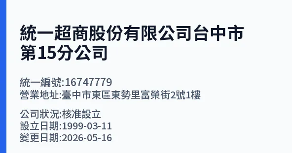 統一超商股份有限公司台中市第15分公司的照片-統編 16747779(臺中市) 公司登記資料與營業項目詳細圖表