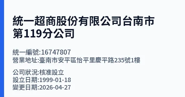 統一超商股份有限公司台南市第119分公司的照片-統編 16747807(臺南市) 公司登記資料與營業項目詳細圖表