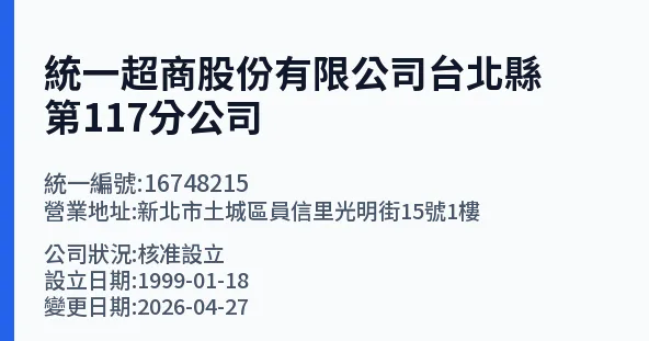 統一超商股份有限公司台北縣第117分公司的照片-統編 16748215(新北市) 公司登記資料與營業項目詳細圖表
