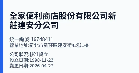 全家便利商店股份有限公司新莊建安分公司的照片-統編 16748411(新北市) 公司登記資料與營業項目詳細圖表