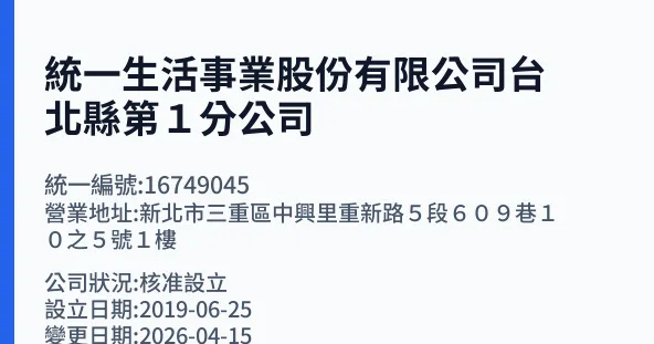 統一生活事業股份有限公司台北縣第１分公司的照片-統編 16749045(新北市) 公司登記資料與營業項目詳細圖表