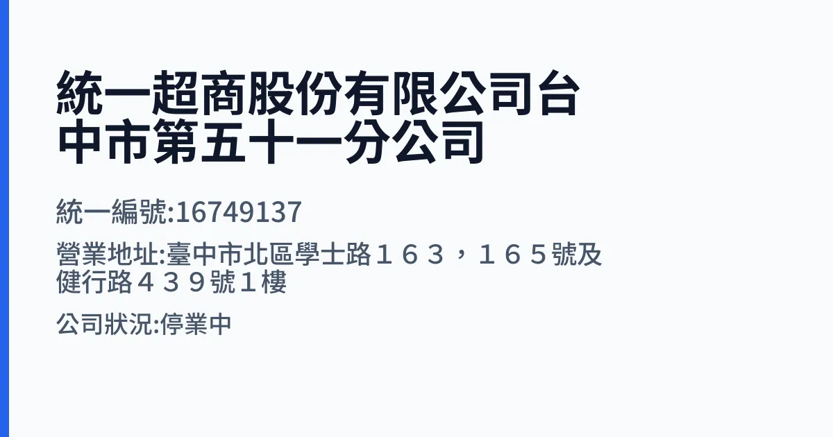 統一超商股份有限公司台中市第五十一分公司 - 統編 16749137(臺中市) 公司登記資料與營業項目詳細圖表