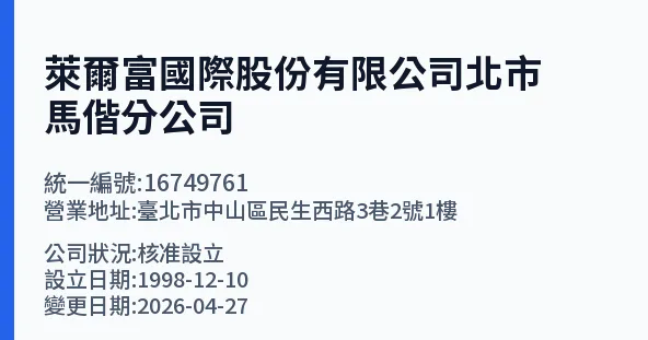 萊爾富國際股份有限公司北市馬偕分公司的照片-統編 16749761(臺北市) 公司登記資料與營業項目詳細圖表
