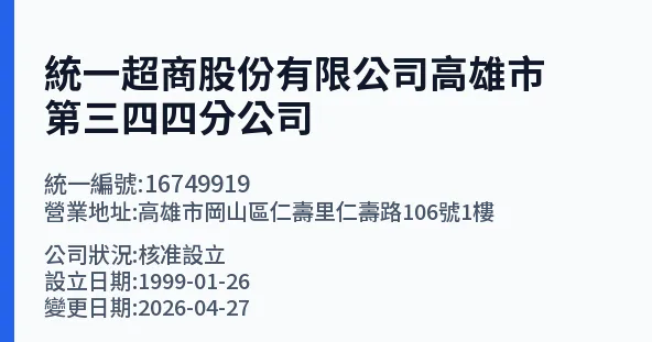 統一超商股份有限公司高雄市第三四四分公司的照片-統編 16749919(高雄市) 公司登記資料與營業項目詳細圖表
