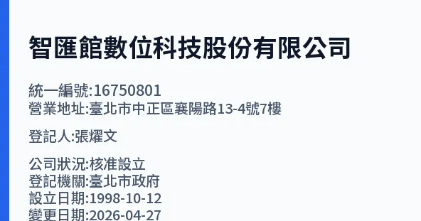 智匯館數位科技股份有限公司的照片-統編 16750801(臺北市) 公司登記資料與營業項目詳細圖表