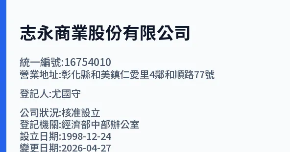 志永商業股份有限公司的照片-統編 16754010(彰化縣) 公司登記資料與營業項目詳細圖表