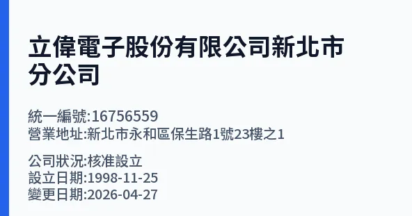 立偉電子股份有限公司新北市分公司的照片-統編 16756559(新北市) 公司登記資料與營業項目詳細圖表