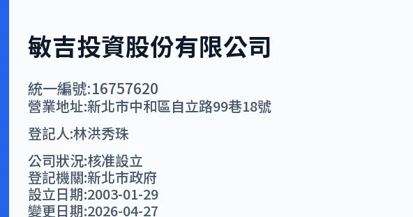 敏吉投資股份有限公司的照片-統編 16757620(新北市) 公司登記資料與營業項目詳細圖表